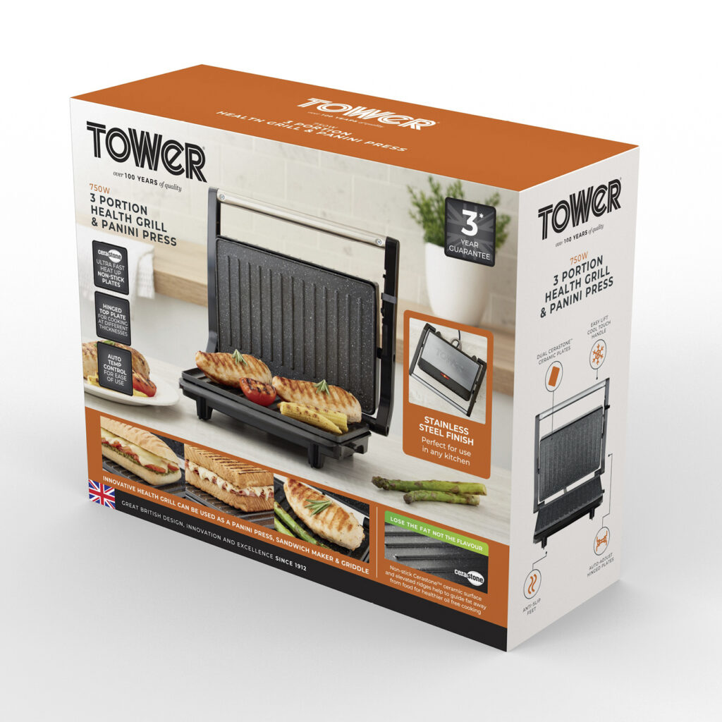 Tower 750W Panini Grill Cerastone Stainless Steel - Bilco Direct